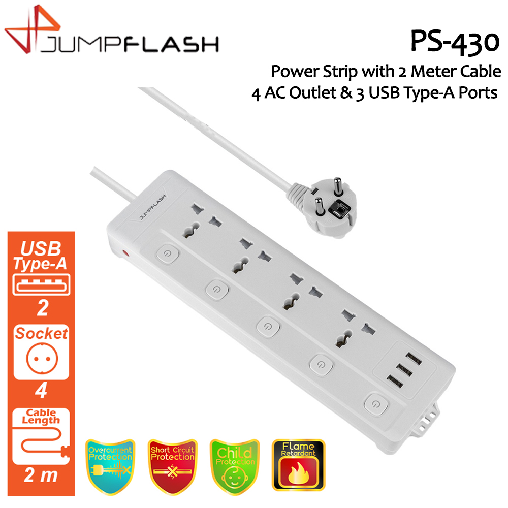 Jumpflash PS-430 Stop Kontak 4 AC Power 3 USB-A Ports & Power Switch ...